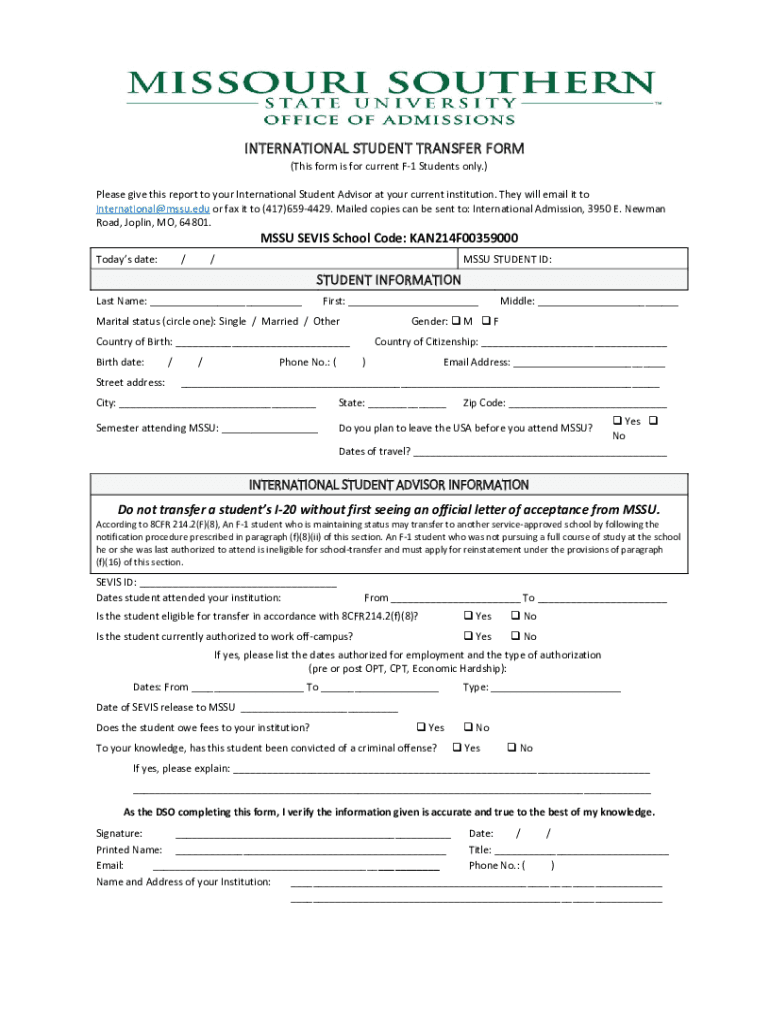 Fillable Online Transfer-Out - International Student Services Fax Email Print - pdfFiller