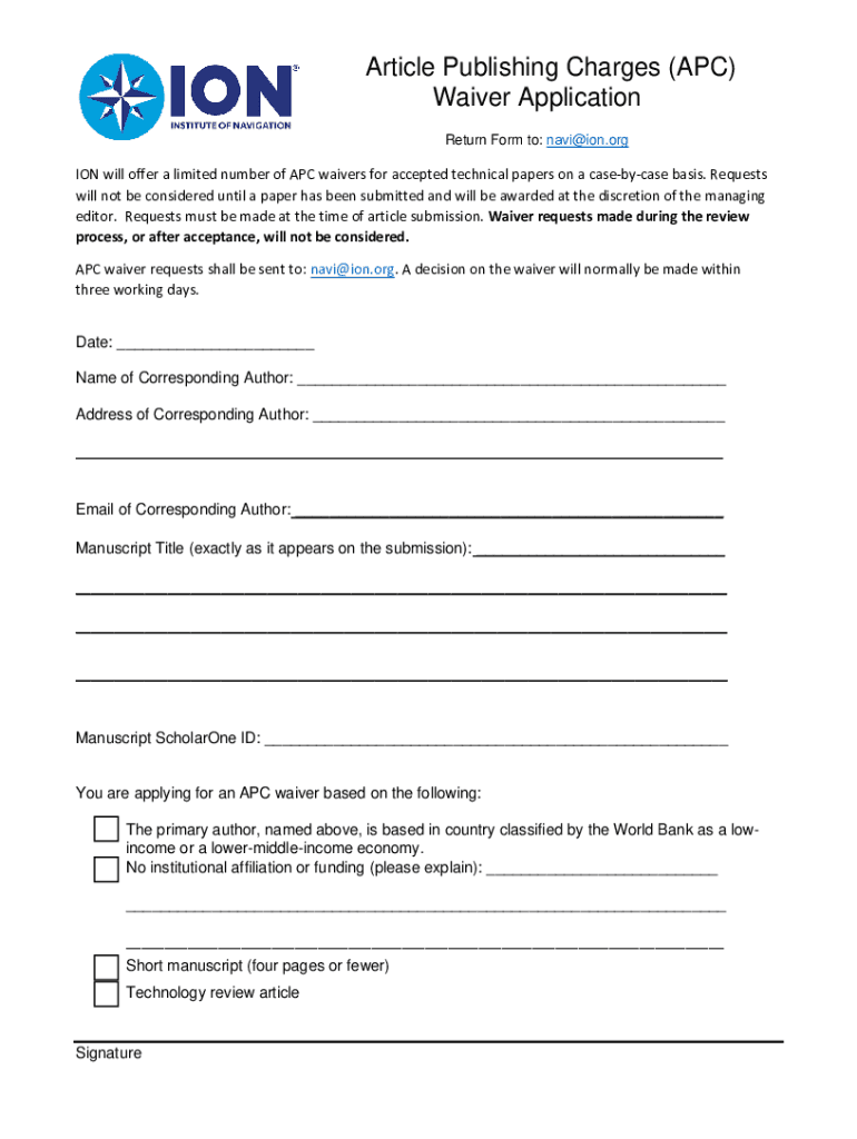 Fillable Online Article Publishing Charges Waiver Application Fax Email ...