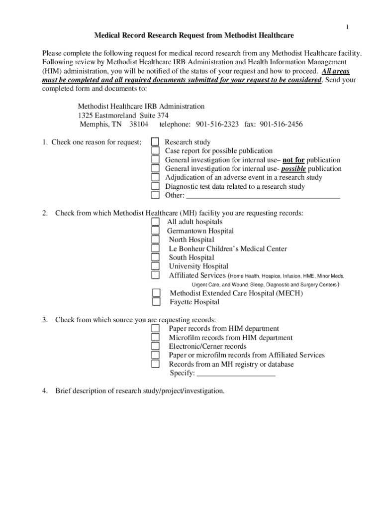 Fillable Online Medical Record Research Request - Methodist Healthcare ...