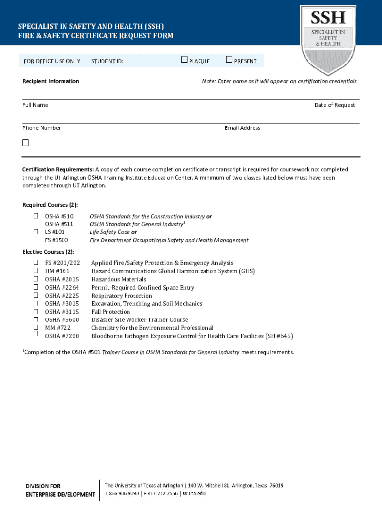 Fillable Online FIRE SAFETY CERTIFICATE REQUEST FORM Student ... Fax ...