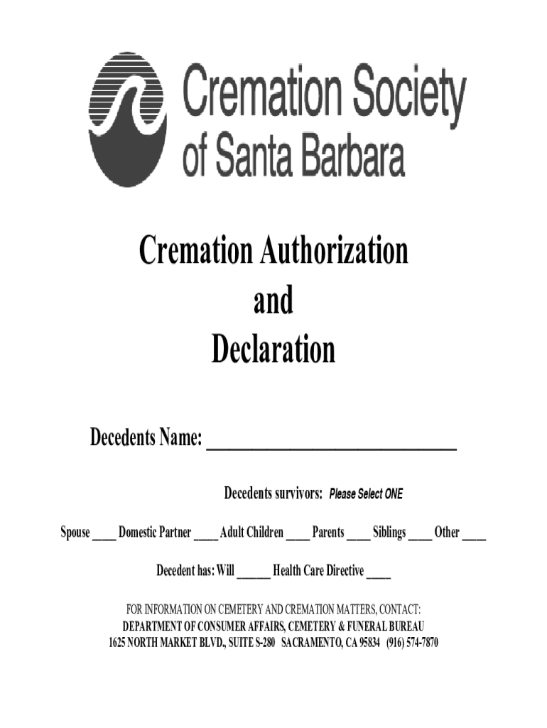 Fillable Online Cremation Authorization and Declaration Fax Email Print ...