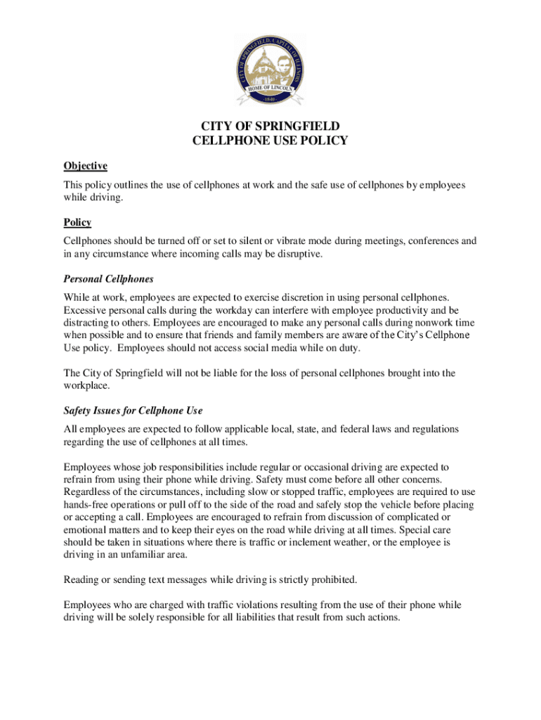 Fillable Online ess springfield il Cell Phone Policy At Work ...