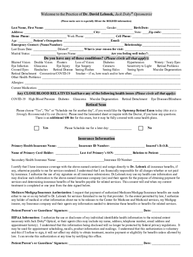 Fillable Online the Practice of Dr. David Lelonek, Jack Doby Optometrist Fax Email Print - pdfFiller