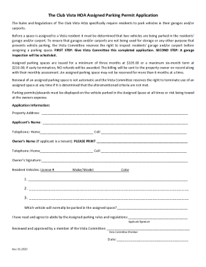 Fillable Online The Club Vista HOA Assigned Parking Permit Application ...