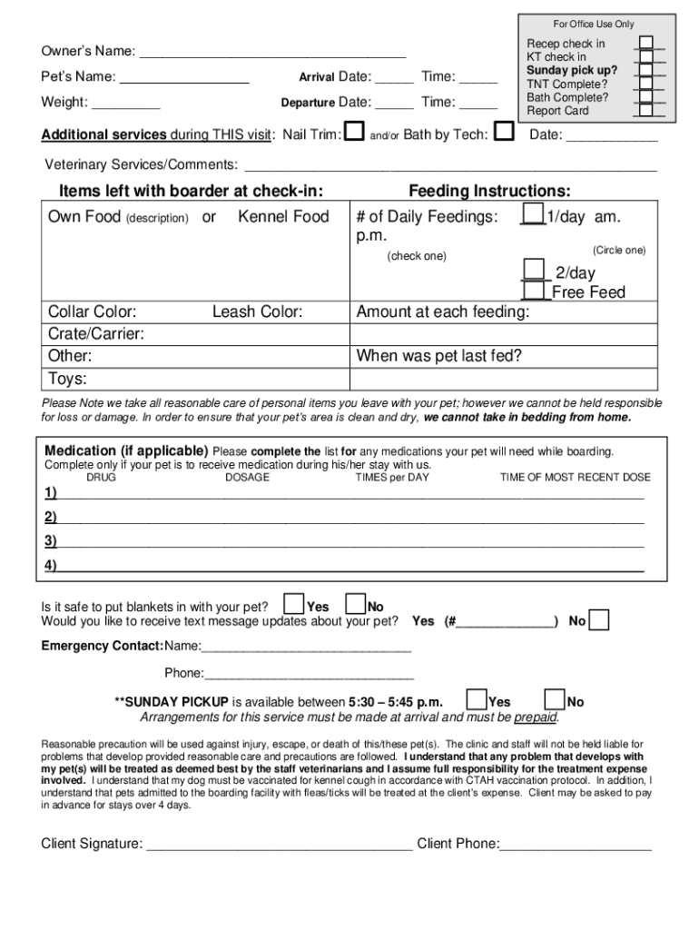 Fillable Online Items left with boarder at check-in: Feeding ...