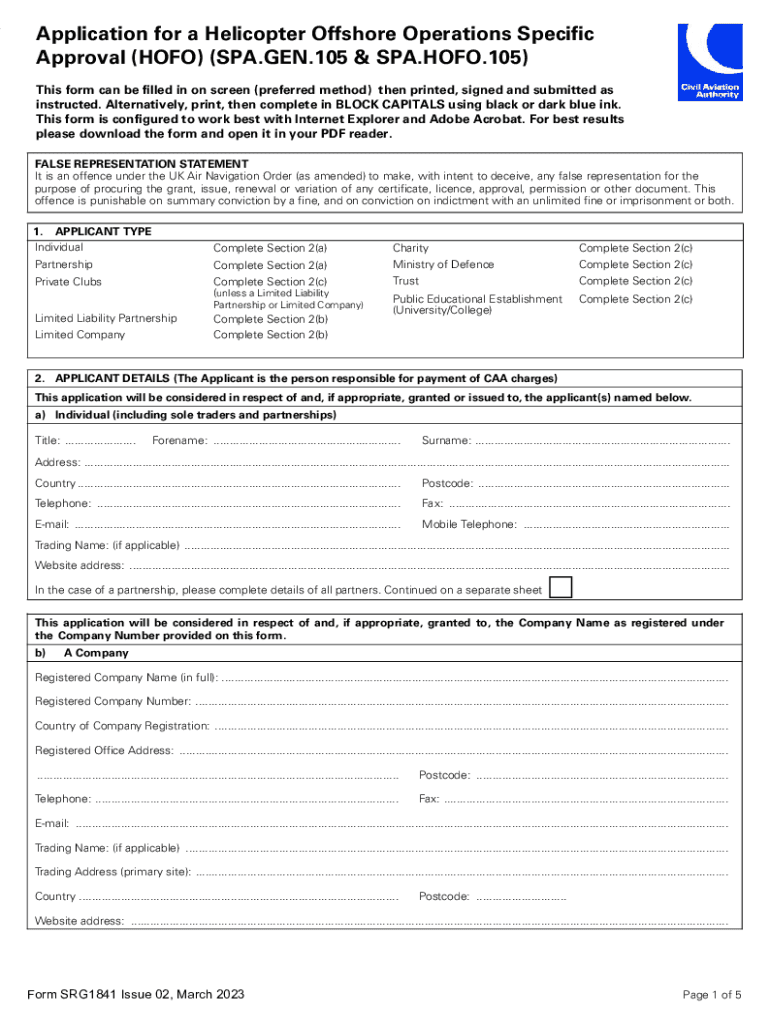 Fillable Online Application for a Helicopter Offshore Operations ...