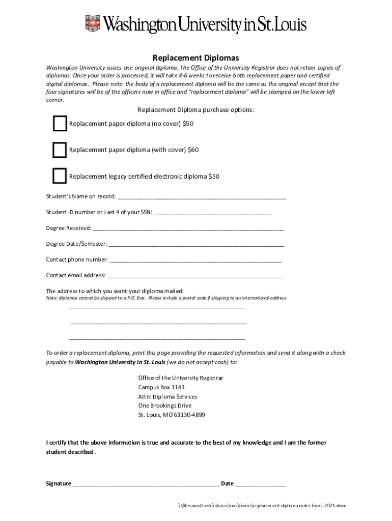 Fillable Online registrar wustl Diploma/Certificate ReplacementsOffice of the ... - Registrar ...
