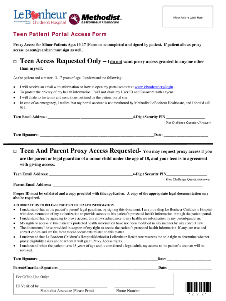 Fillable Online PATIENT PORTAL PROXY ACCESS FORM: CHILD/TEEN Fax Email ...