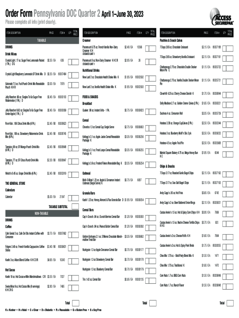 Fillable Online Order Form Pennsylvania DOC Quarter 2 Ordering Dates ...