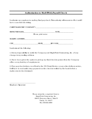 Fillable Online Authorization to Mail FINAL Payroll Check Fax Email ...