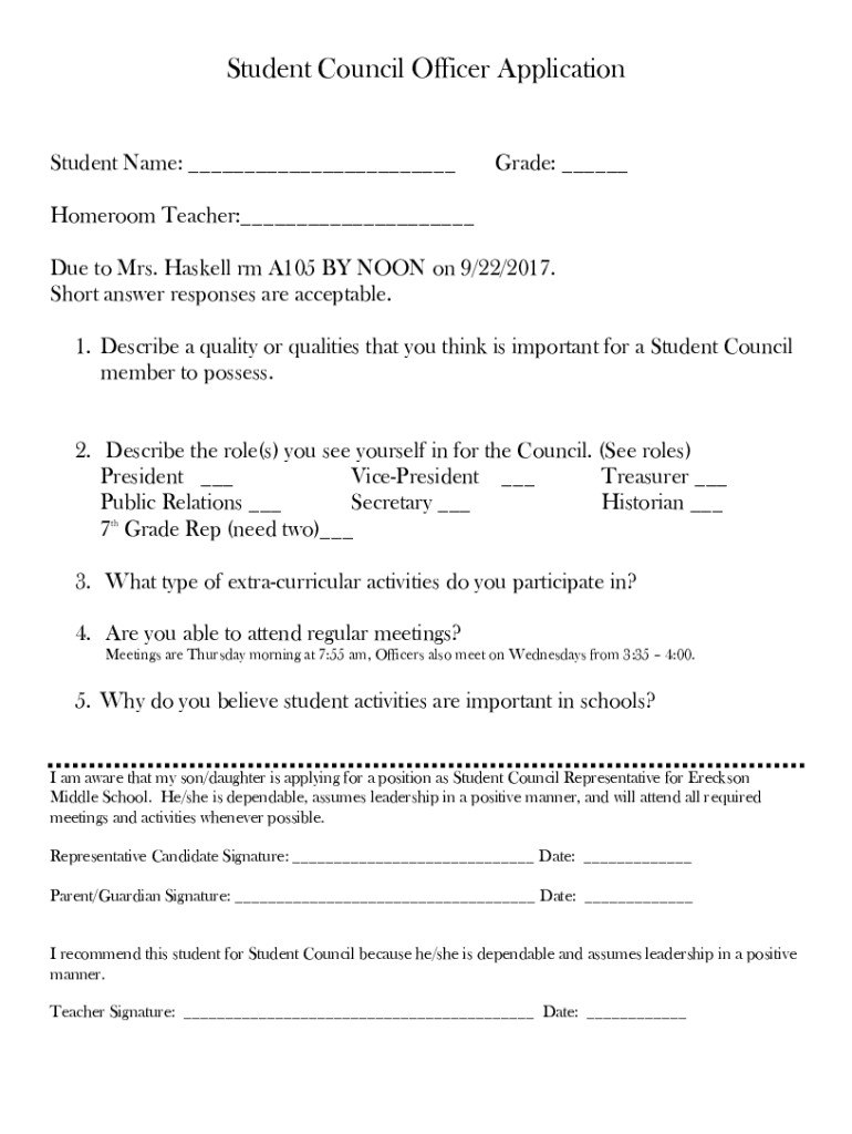 Fillable Online Kirby-Smith Middle School Student Council Candidate ...