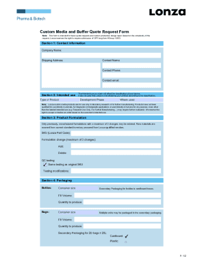 Fillable Online Lonza Custom Media and Buffer Quote Request Form. Lonza ...