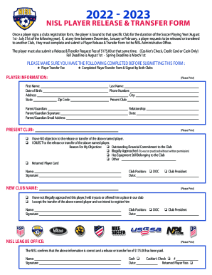 Fillable Online NISL PLAYER RELEASE & TRANSFER FORM Fax Email Print ...