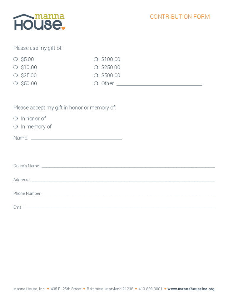 Fillable Online CONTRIBUTION FORM - Manna House Fax Email Print - pdfFiller