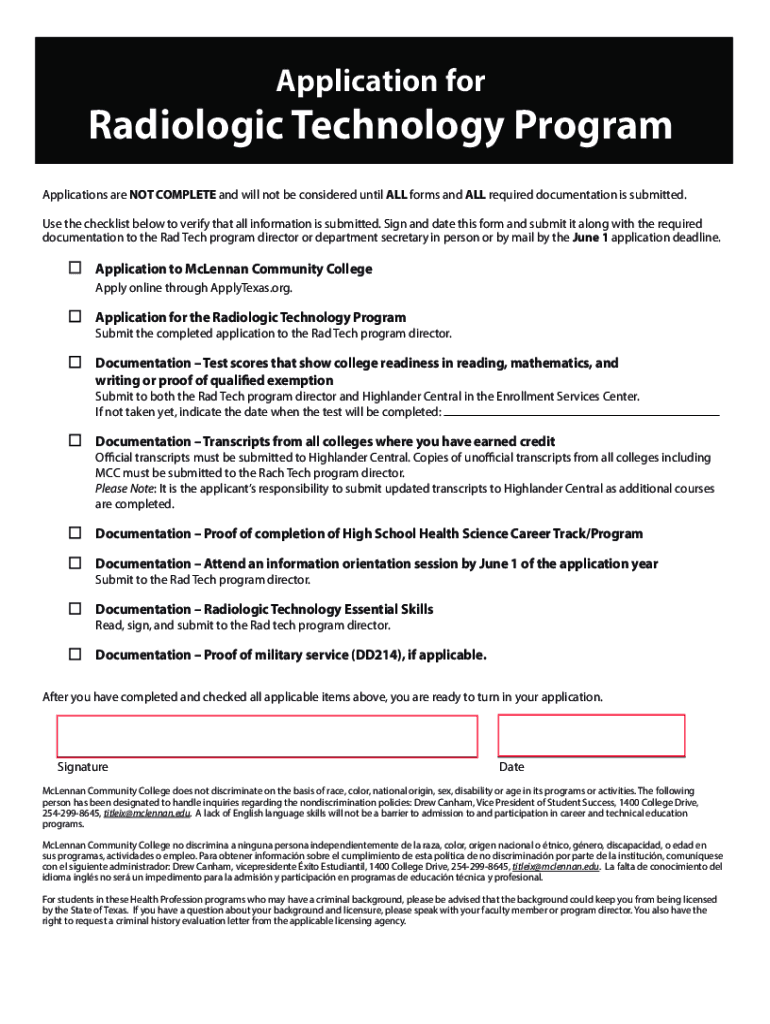 Fillable Online McLennan Community College Application for Radiologic ...