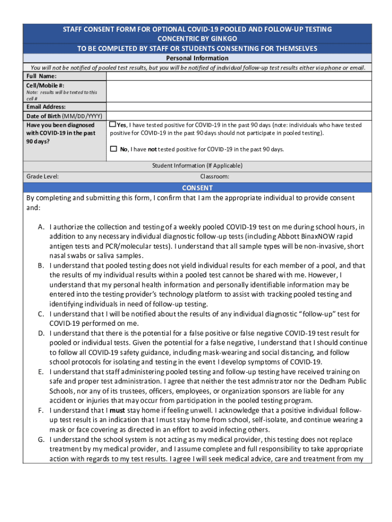 Fillable Online Staff Consent Form for COVID-19 TestingGinkgo Fax Email ...