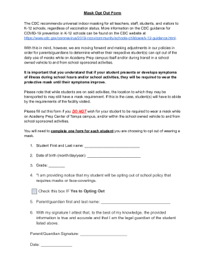 Fillable Online Student Mask/Facial Covering Opt Out Form Fax Email ...