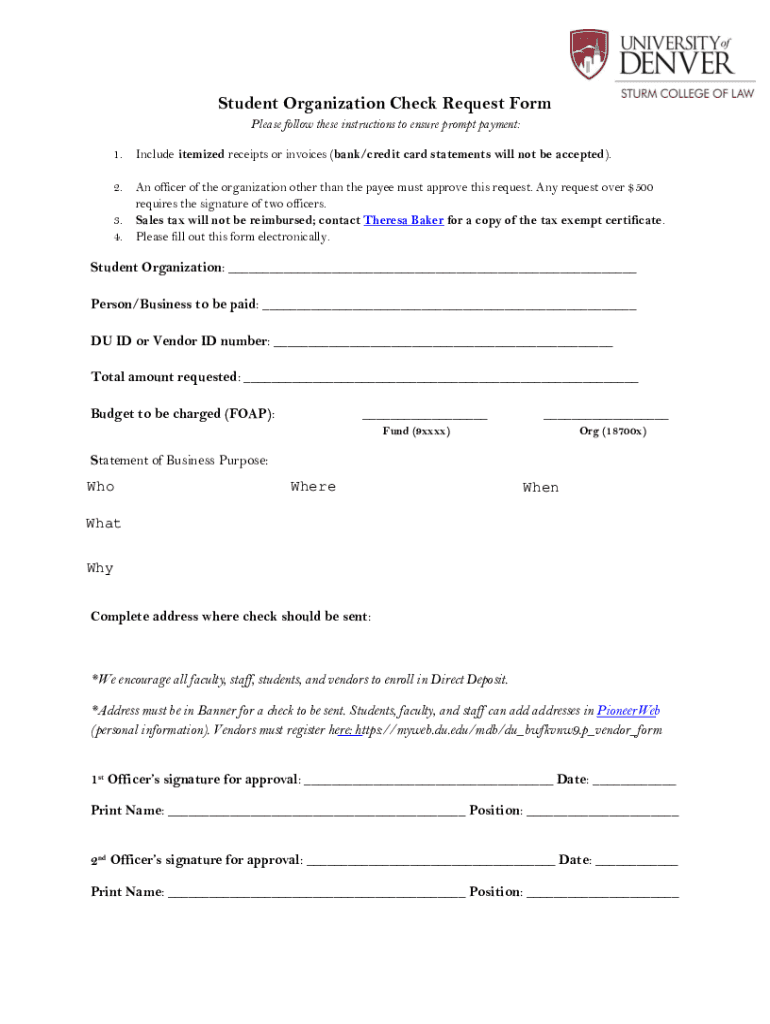Fillable Online Student Organization Check Request Form Fax Email Print ...