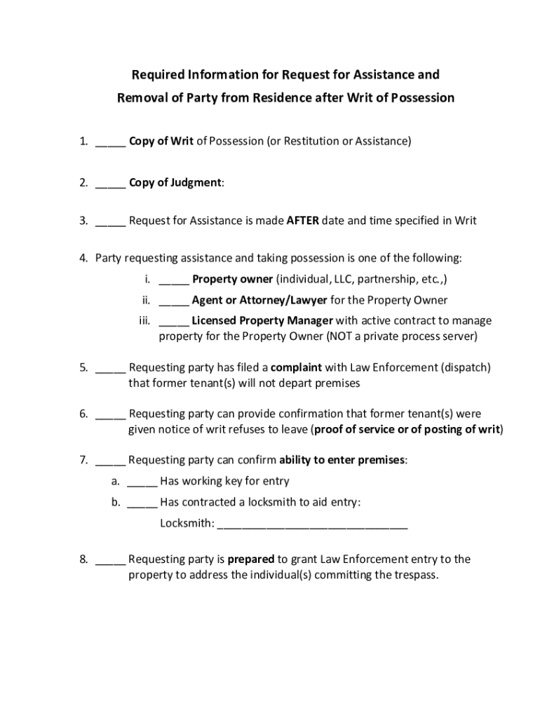 Fillable Online Required Information for Request for Assistance and ...