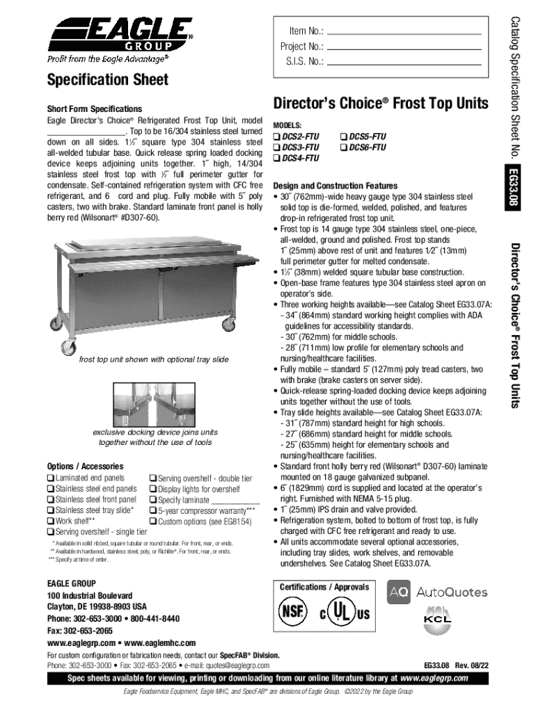 Fillable Online Director's Choice Frost Top Units Specification Sheet ...
