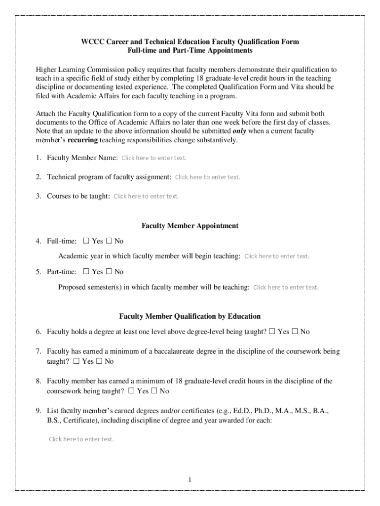 Fillable Online Faculty Qualification FormWCCC Career and Technical ... Fax Email Print - pdfFiller