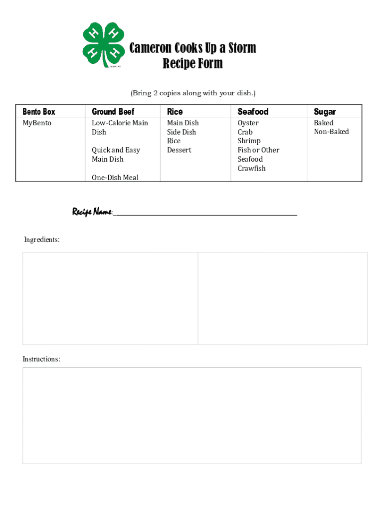 Fillable Online Cameron Cooks Recipe Form Fax Email Print - pdfFiller