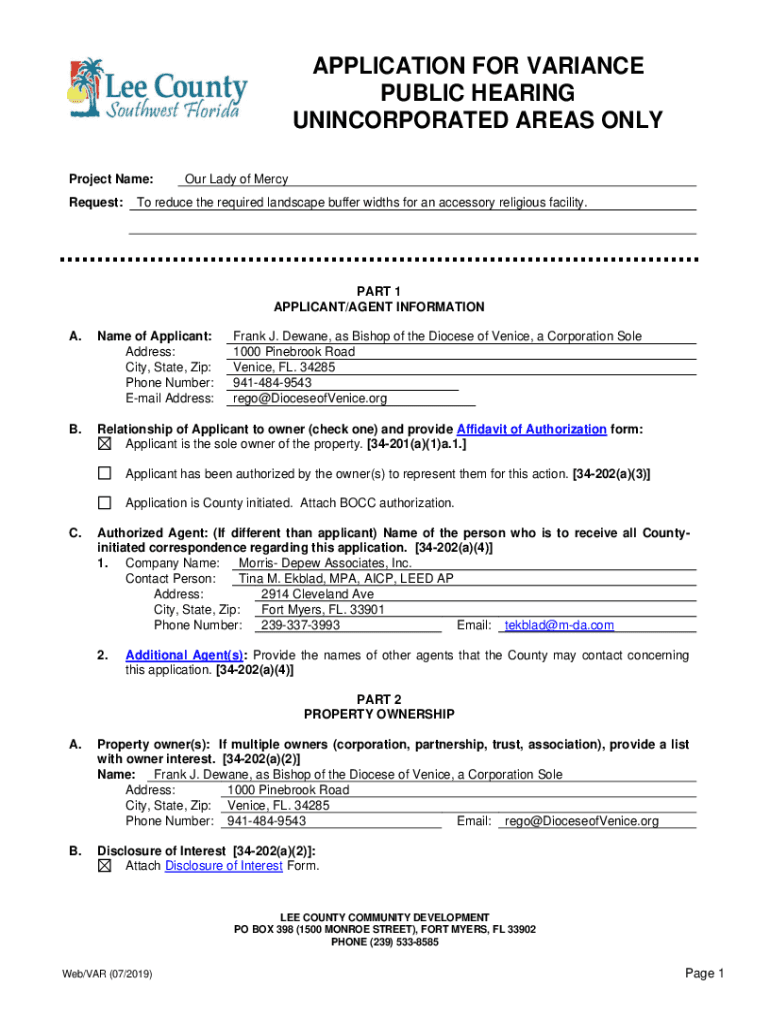 Fillable Online APPLICATION FOR VARIANCE PUBLIC HEARING ... Fax Email ...