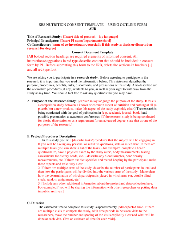 Fillable Online SBS SAMPLE NUTRITION CONSENT DOCUMENTUSING OUTLINE FORM ...