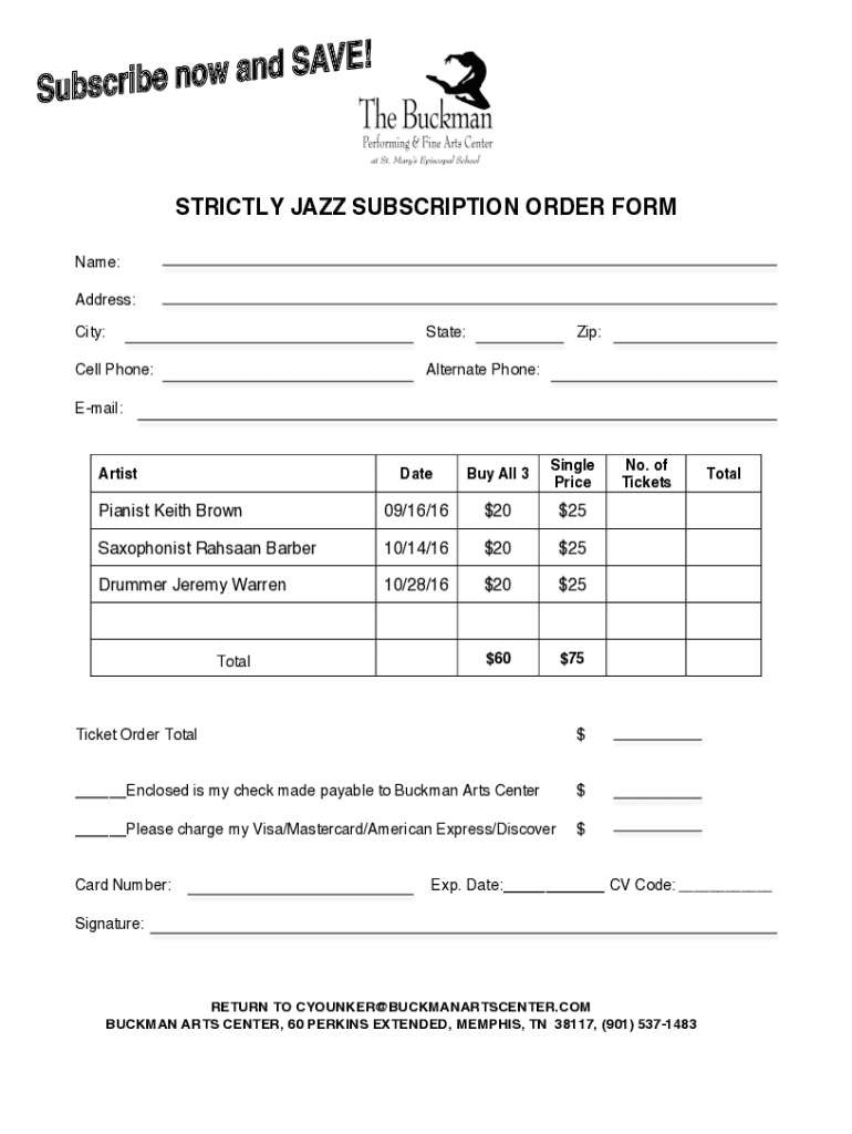 Fillable Online STRICTLY JAZZ SUBSCRIPTION ORDER FORM Fax Email Print - pdfFiller