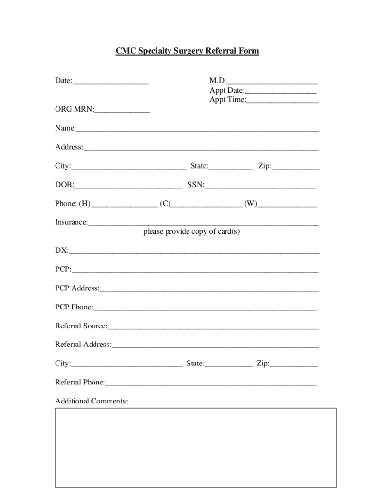 Fillable Online CMC Specialty Surgery Referral Form.doc Fax Email Print ...