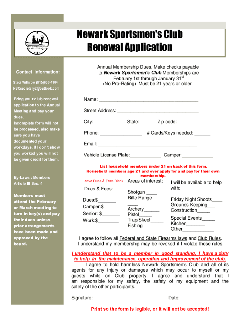 Fillable Online Newark Sportsmen's Club Renewal Application Fax Email Print - pdfFiller