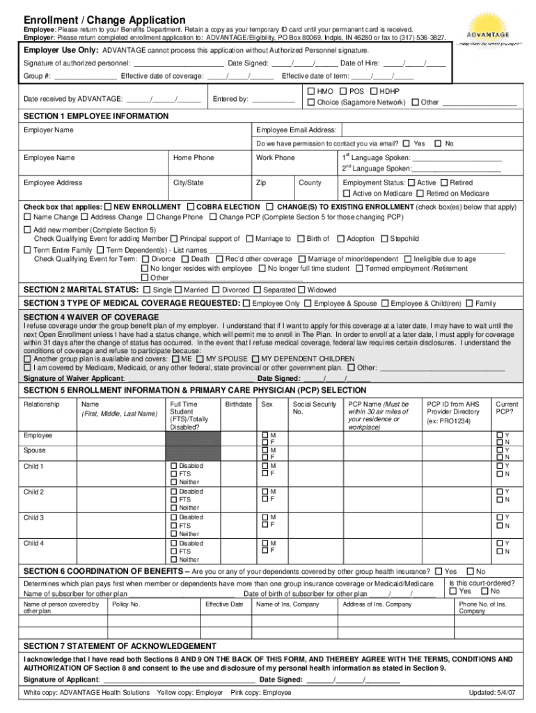 Fillable Online Enrollment and Change Applicatoin.doc Fax Email Print ...