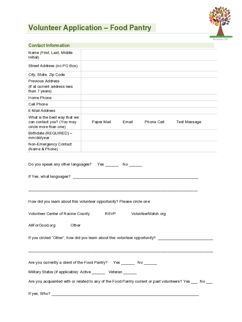Fillable Online Volunteer application-Food Pantry Rev 2.docx Fax Email ...