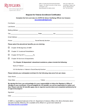 Fillable Online cpe rutgers Veteran Request for Enrollment Certification - Login Fax Email Print ...