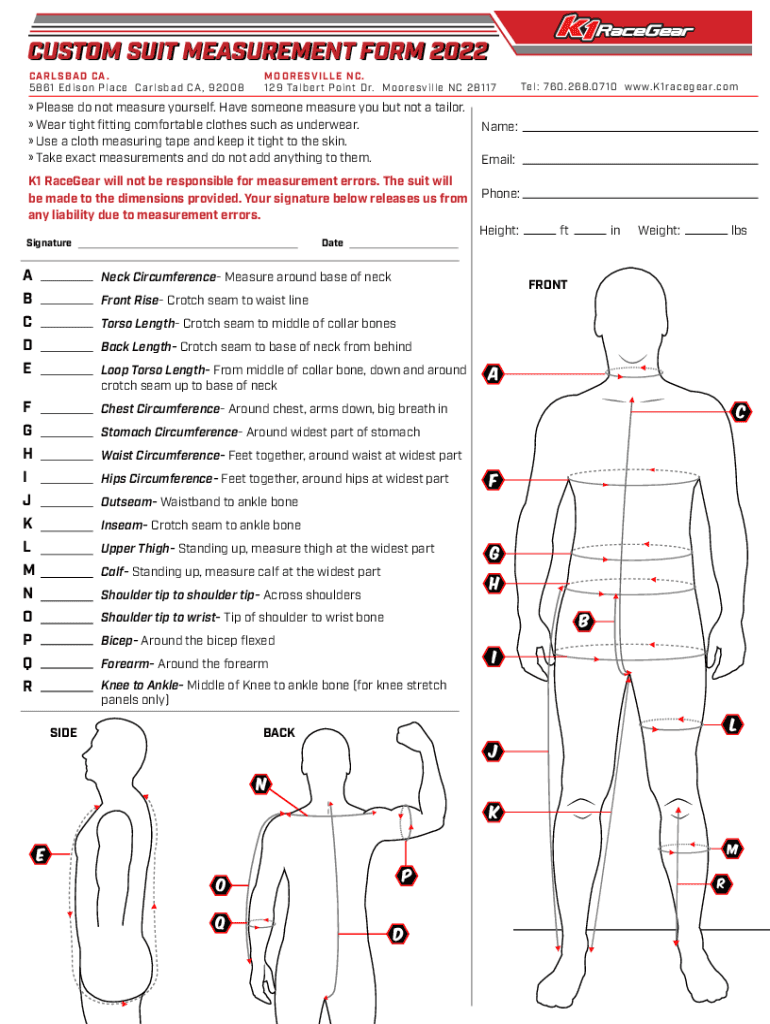 Fillable Online CUSTOM SUIT MEASUREMENT FORM 2022 Fax Email Print ...