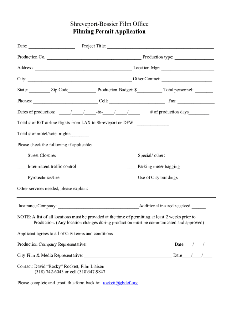 Fillable Online Shreveport-Bossier Film Office Filming Permit ...