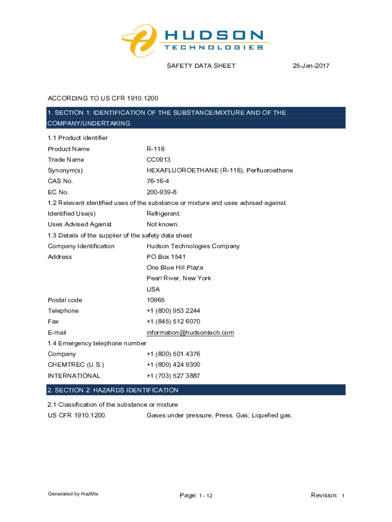 Fillable Online Safety Data Sheet Prepared in Accordance with HCS 29 ...