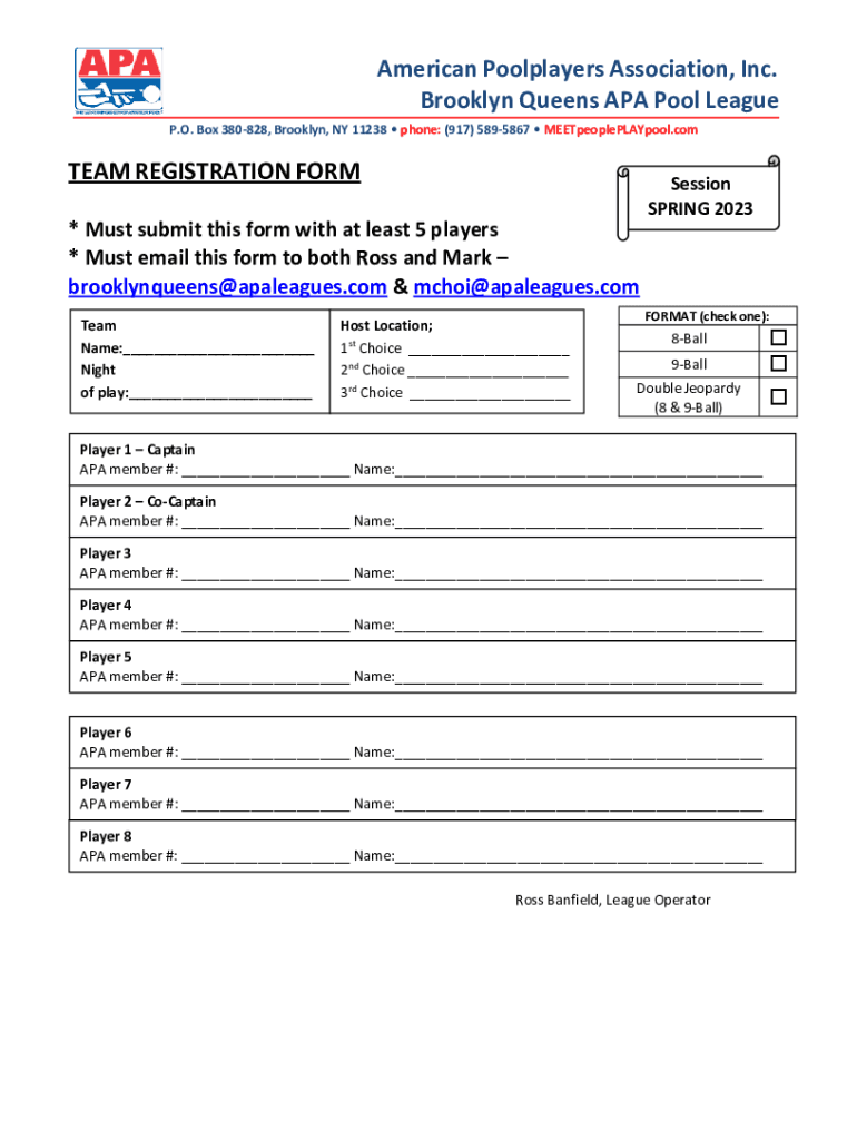 Fillable Online Team Registration Form NO Free bonus Point Spring 2023 ...