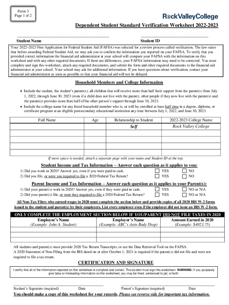 Fillable Online Dependent Student Standard Verification Worksheet 2022- ... Fax Email Print ...