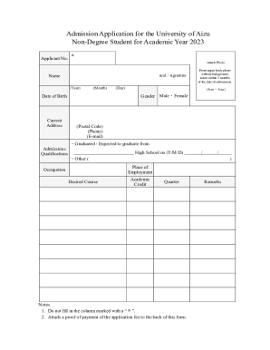 Fillable Online u-aizu ac Admission Application for the University of Aizu Non-Degree Student ...