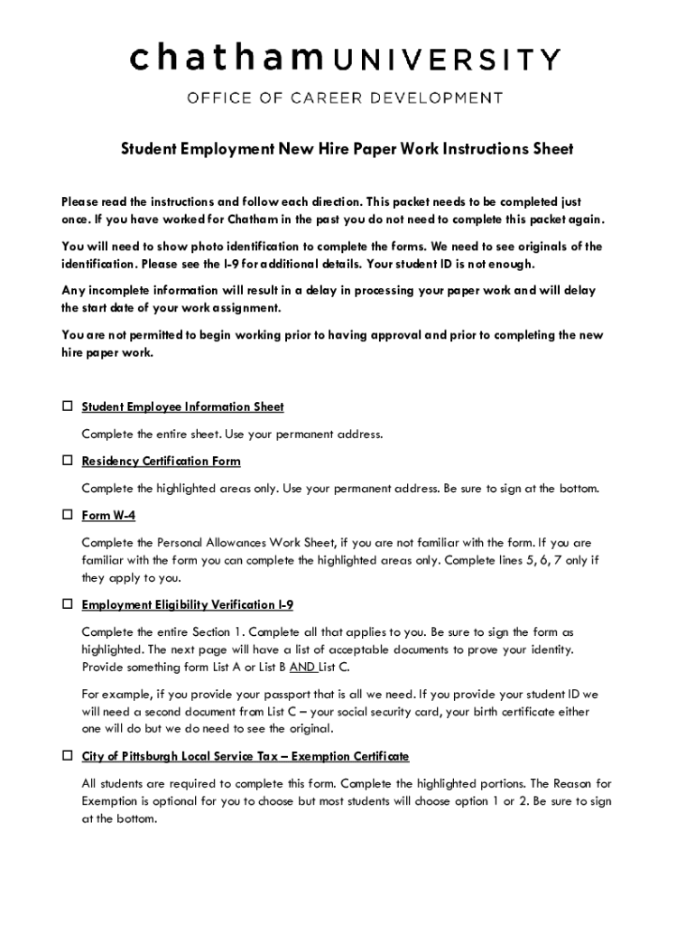 Fillable Online Student Employment New Hire Paper Work Instructions ...