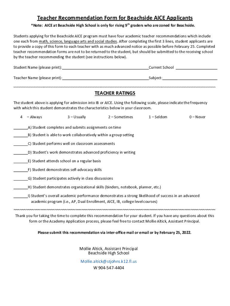 Fillable Online Teacher Recommendation Form for Beachside AICE ... Fax ...