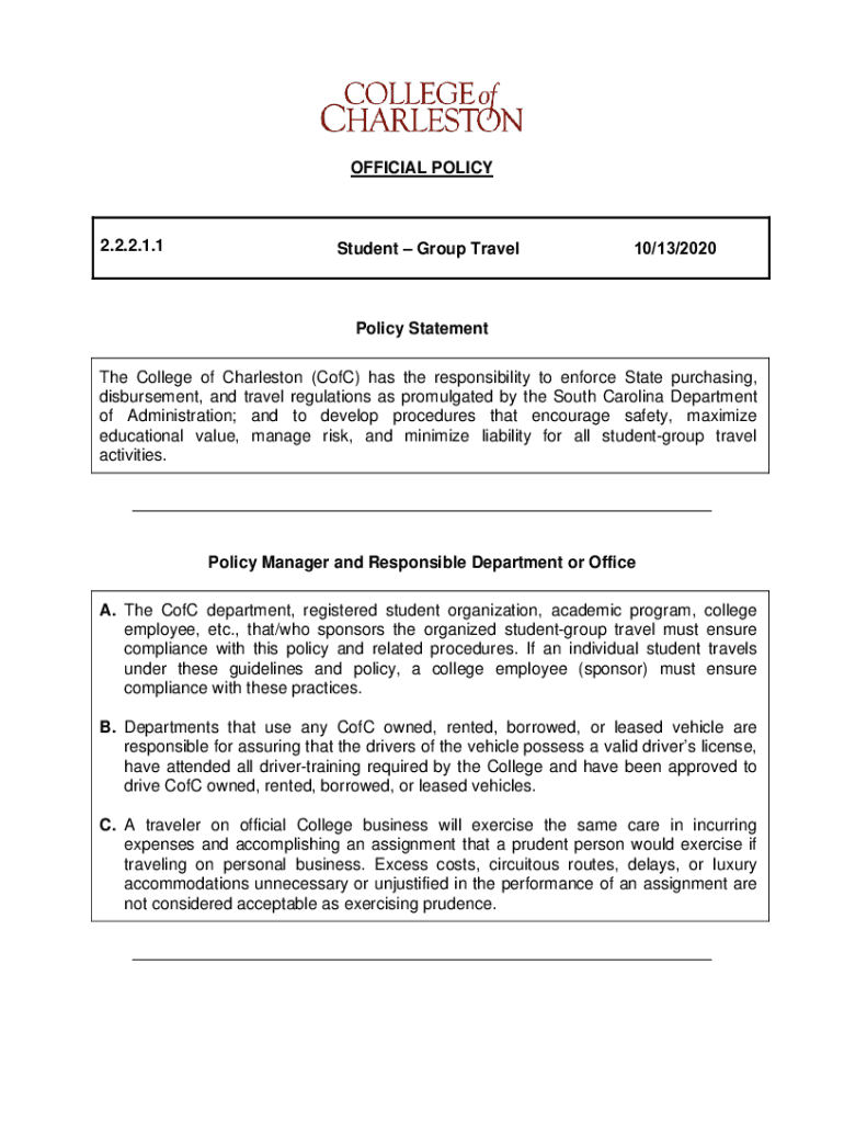 Fillable Online 2.8.1.1 Supplement to the College of Charleston Vehicle ...