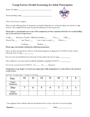 Fillable Online Pre-Camp Health Screening Dear Campers C and ... Fax ...