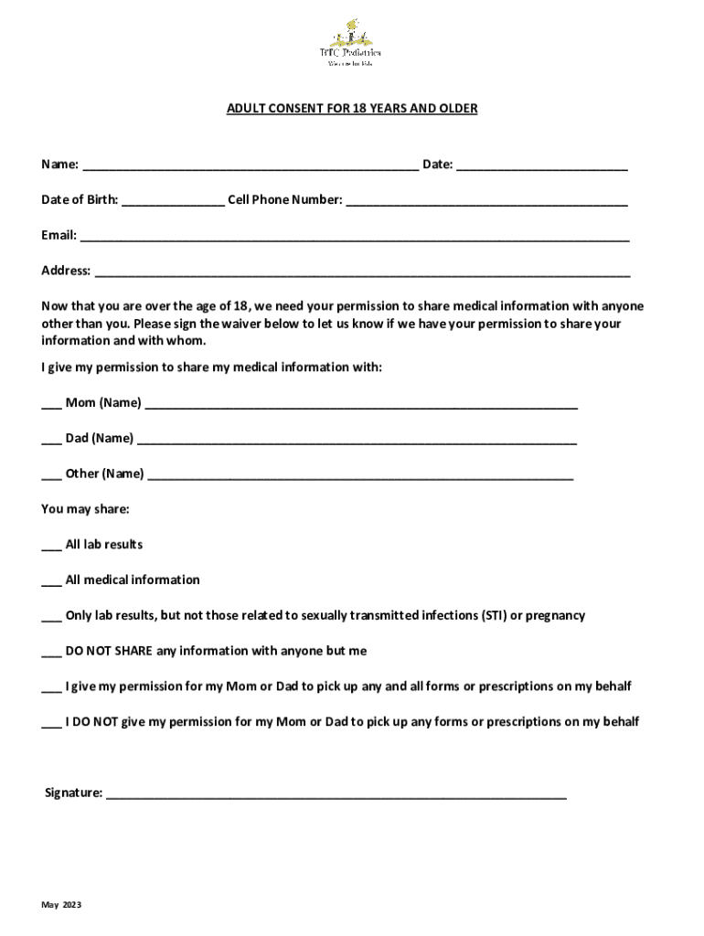 Fillable Online ADULT CONSENT FOR 18 YEARS AND OLDER Name Fax Email ...