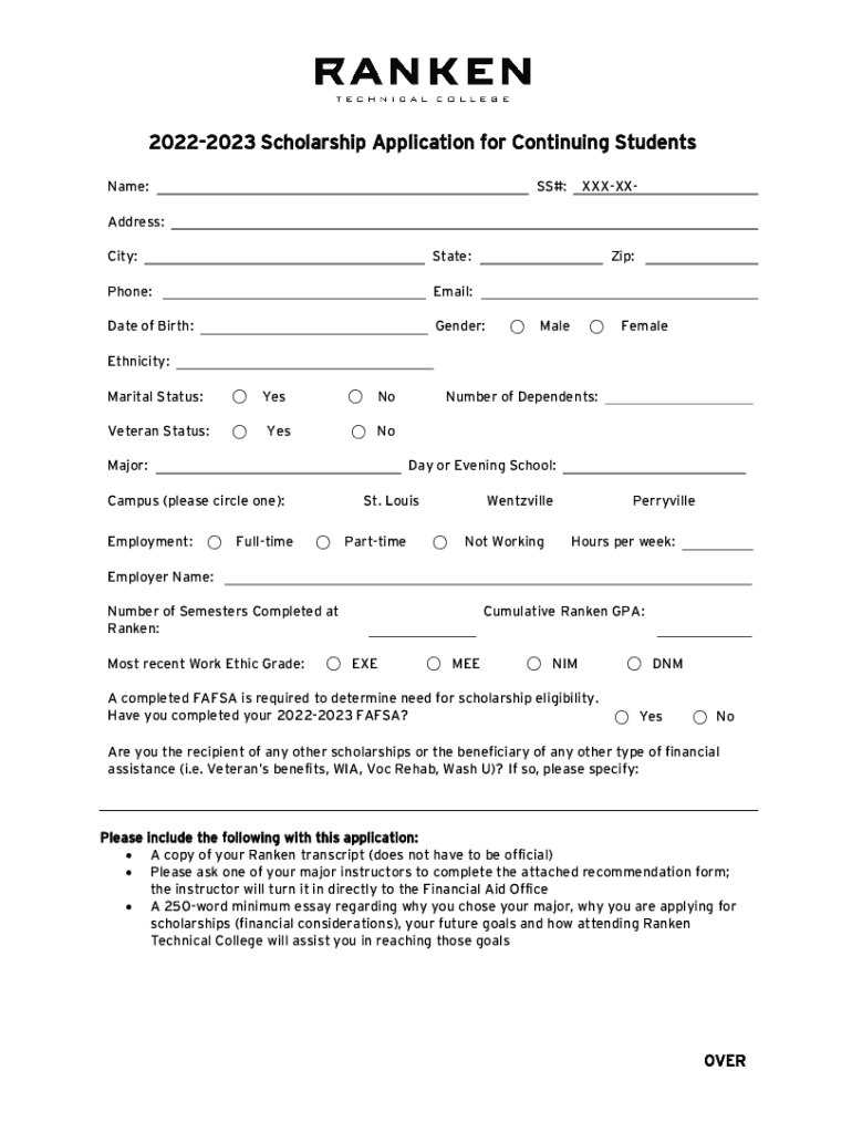 Fillable Online 2022-2023 Scholarship Application for Continuing ...