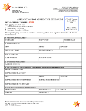 Fillable Online APPLICATION FOR APPRENTICE LICENSURE Fax Email Print - pdfFiller