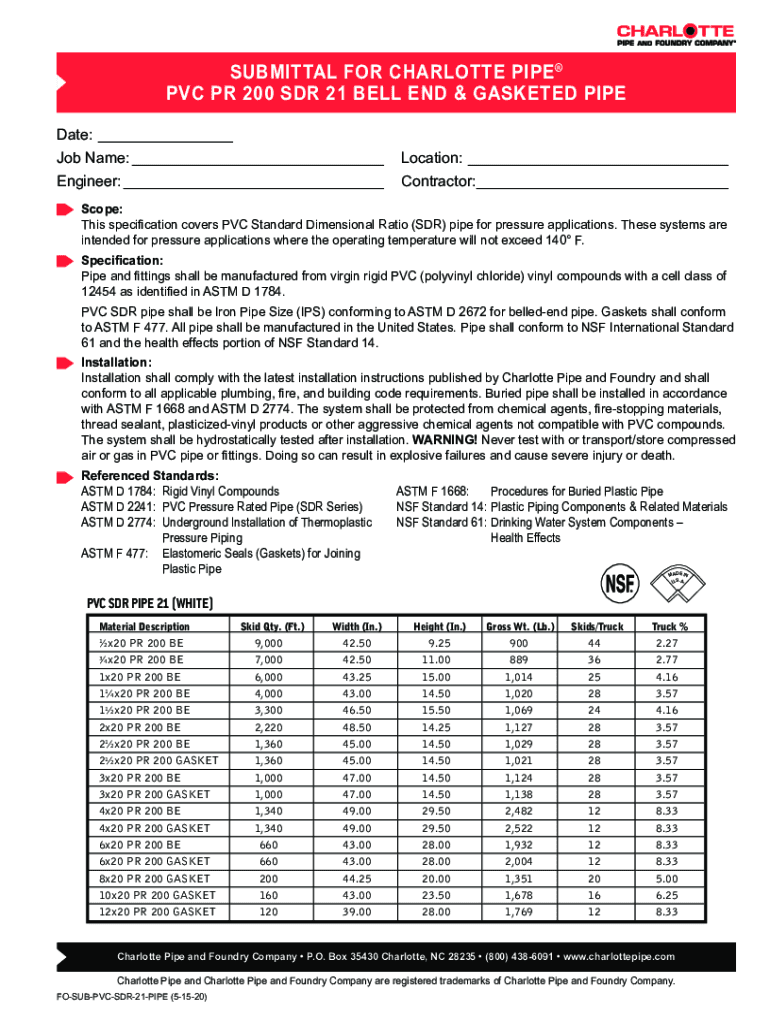 Fillable Online Charlotte Pipe 1-in x 20-ft 200 Psi SDR 21 PVC Bell End ... Fax Email Print ...