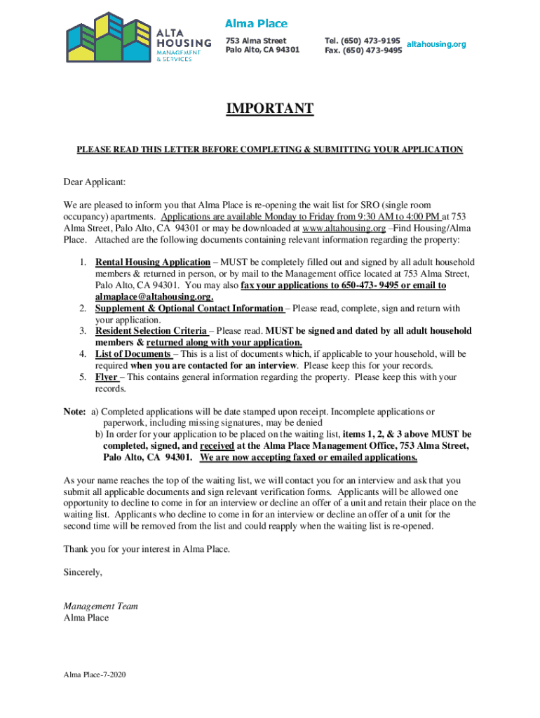 Fillable Online Alma-Place-Wait-List-Application-Packet-7- ... Fax Email Print - pdfFiller