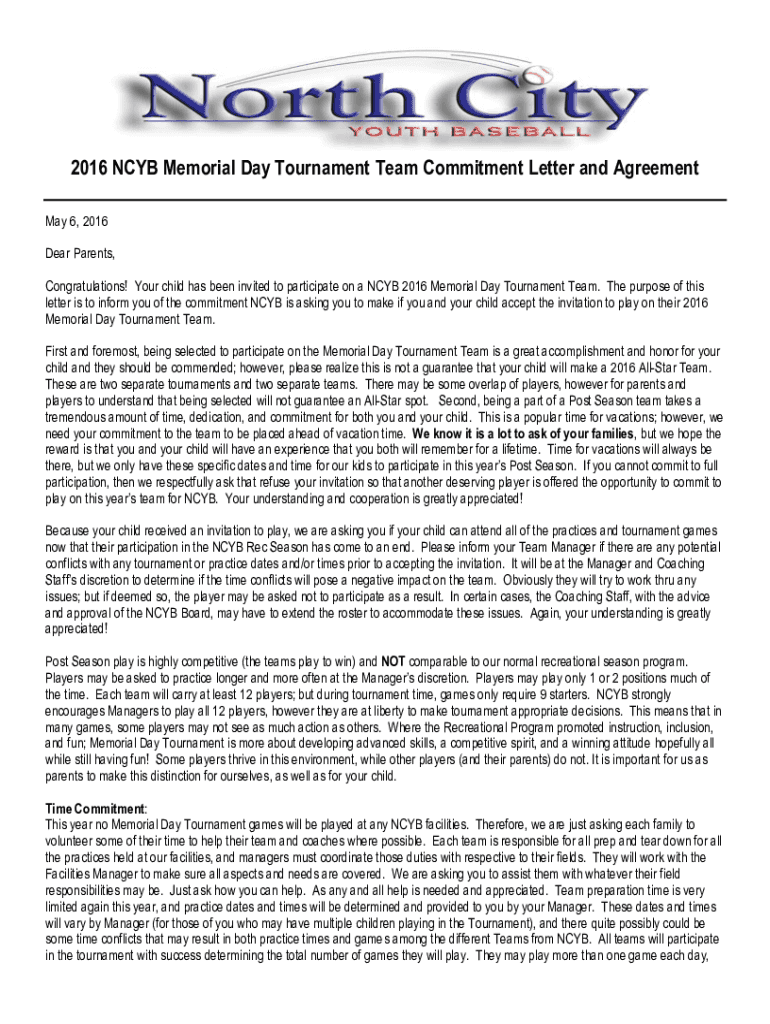 Fillable Online Memorial Team Commitment Letter and Agreement Fax Email ...